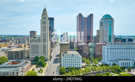 Iconic skyscrapers downtown Columbus Ohio aerial with main road cutting ...