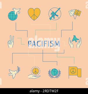 Pacifism poster with peace, love and disarmament symbols. Vector ...