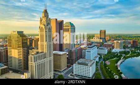 Iconic skyscrapers downtown Columbus Ohio aerial with main road cutting ...