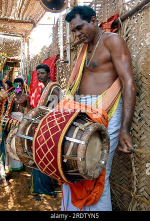 Musician playing a Thavil, a traditional Indian drum, Sri Mahamariamman ...