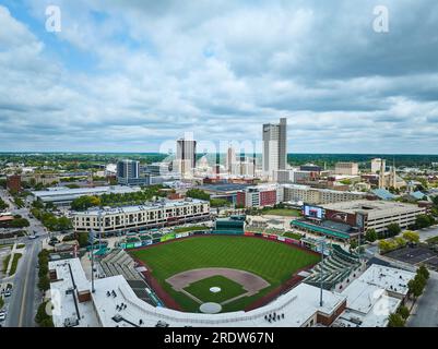 TinCaps stadium at Parkview Field aerial sunrise over downtown Fort ...