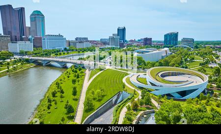 Aerial wide view National Veterans Memorial and Museum with Columbus ...