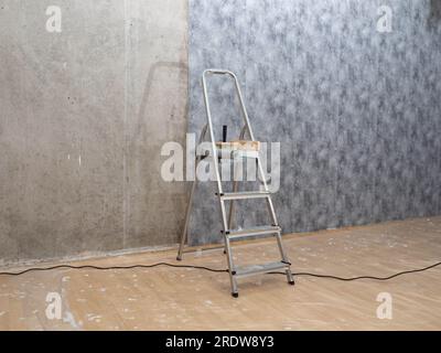 One room has been partially renovated. copy space. Pasting paper ...