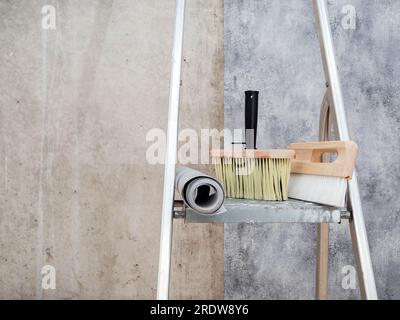 One room has been partially renovated. copy space. Pasting paper ...