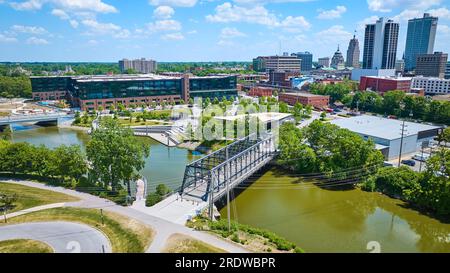 Aerial Downtown Fort Wayne Wells Street Bridge with walking path to ...