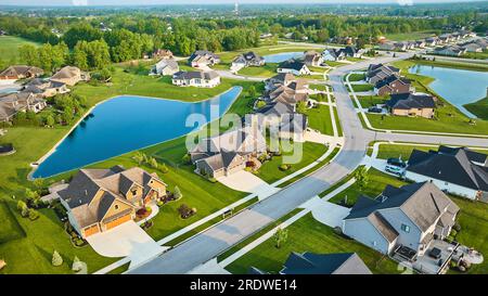 Rich expensive neighborhood aerial with mini mansions, high-end ...