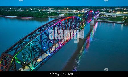 Pride rainbow arch bridge Louisville KY over nighttime Ohio River city ...