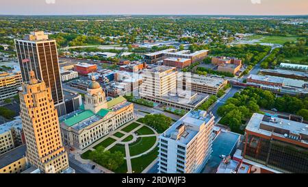 Downtown Fort Wayne PNC skyscraper courthouse summer sunrise aerial ...