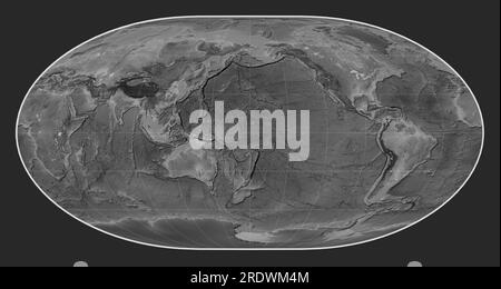 Grayscale map of the world in the Loximuthal projection centered on the meridian 0 longitude ...