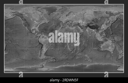 Grayscale map of the world in the Patterson Cylindrical projection centered on the meridian 180 ...