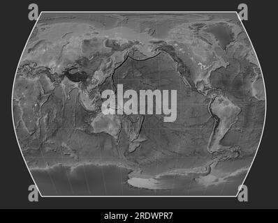 World grayscale elevation map in the Lagrange projection centered on the 90th meridian east ...