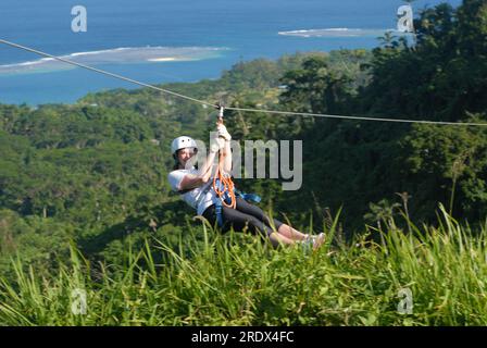 Tourists riding the zipline, Vanuatu Sky Bridge, Devil's Point Rd, Port ...