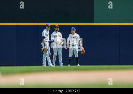 Milwaukee Brewers center fielder Blake Perkins (16) bunts during a MLB ...