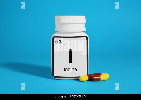 Bottle of medical iodine on light blue background Stock Photo - Alamy