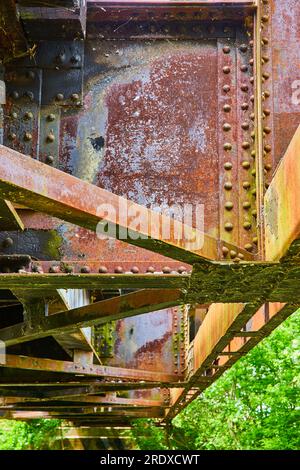 Underside of railroad bridge with green and yellow corrosion and blue ...