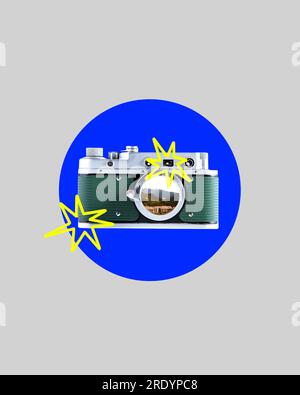 Collage photo of creative modern photo camera hands hold technology ...