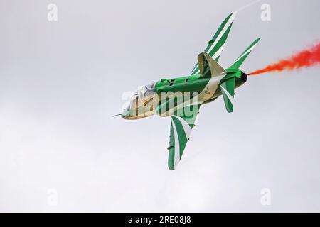 The Saudi Hawks display team perform with coloured smoke on at the 2024 ...