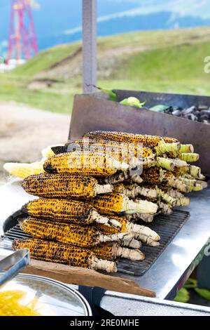 Romanian street food stall with chargrilled corn on the cop (porumb ...