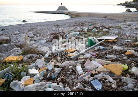 ALBANIA, Dhërni, plastic waste at beach at Adria, Mediterranean sea ...