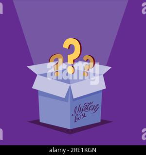 Mystery Secret boxes. Cardboard open box with Question mark. Holiday ...
