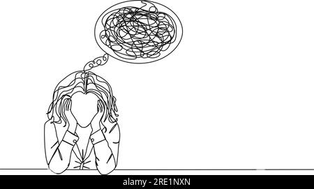 continuous single line drawing of stressed woman sitting on floor ...