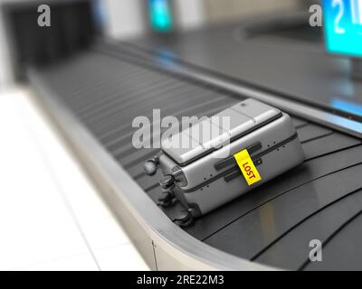 Suitcase with lost sticker on an airport baggage conveyor or baggage ...