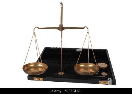 Bronze traditional balance scale set with weights in black box Stock ...