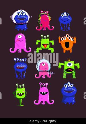 Cartoon funny one-eyed pink monster standing in his blue shorts has two ...