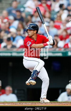 Cleveland Guardians left fielder Steven Kwan catches a fly ball hit for ...