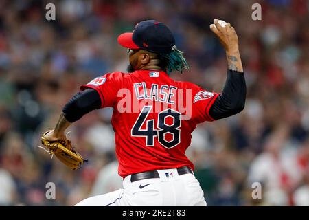 Cleveland Guardians relief pitcher Emmanuel Clase celebrates after his ...