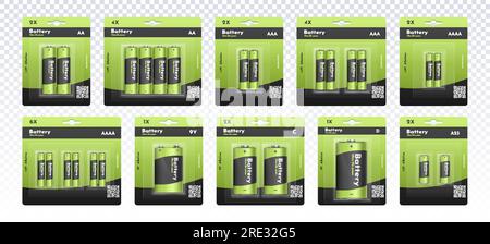 Realistic alkaline battery size packages mockup design. Black and gold ...