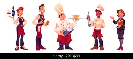 Kitchen workers. Restaurant staff characters, chef, assistants, hostess ...