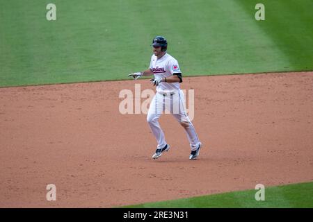 Cleveland Guardians catcher David Fry (12) hits a solo home run in the ...
