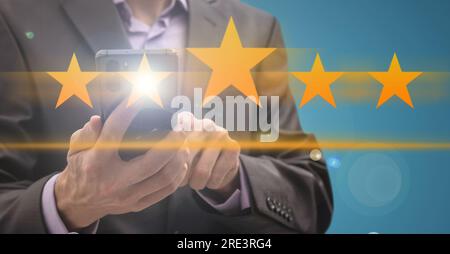 Please rate us banner wtih customer hand give five golden stars Stock ...