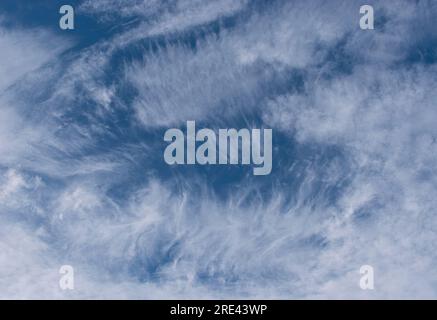 Thin, wispy streaks of cirrus clouds overhead in blue sky. Formed by ...