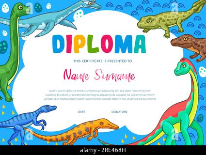 Kids diploma with cartoon dinosaur reptiles, cute vector dragons, funny ...