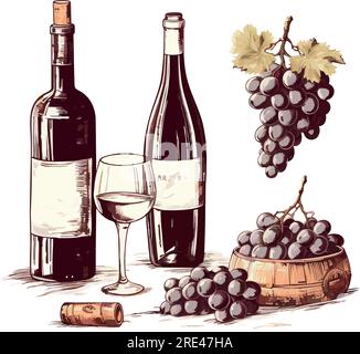 Retro grapes label elements. Grape vine divider, retro wine frame and vineyard border. Raisins ...