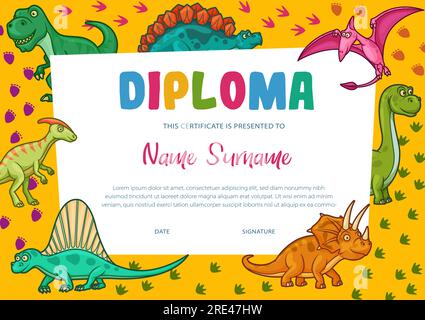 Kids education diploma with cartoon dinosaurs and Jurassic dragons ...