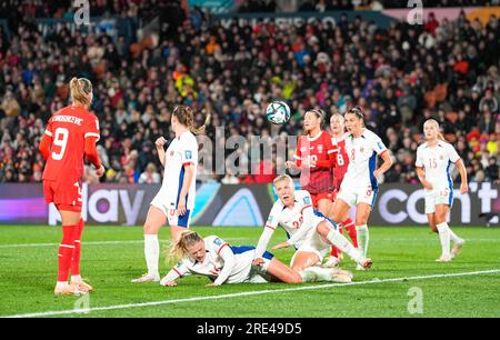 July 25 2023: Mathilde Harviken (Norway) looks on during a Group A ...