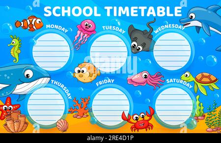 Timetable schedule. Cartoon underwater sea landscape with submarines ...
