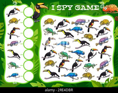 Kids I spy game, cartoon toucan and chameleons, vector find and match ...