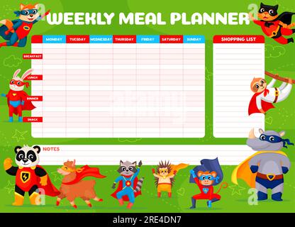 Weekly meal planner, cartoon superhero berry characters. Vector food ...