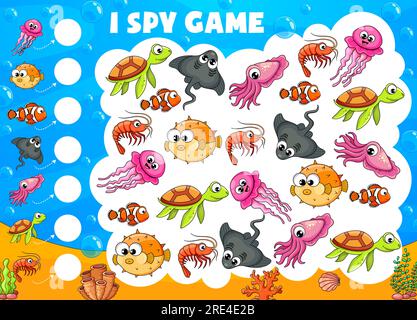 I spy game for kids. Find and count the cute fish. Sea life puzzle for ...