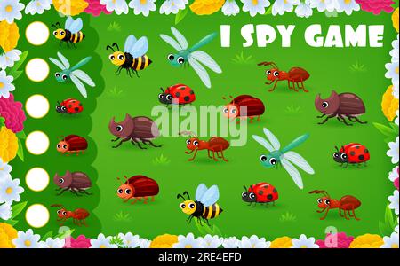 Math game of cartoon funny bee, fly and ladybug insects. Counting ...