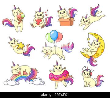 cute sleeping cat horn rainbow cartoon animal funny character vector ...