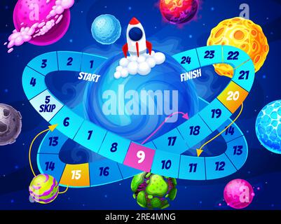 Cartoon space boardgame, galaxy discovery kids vector step board game ...