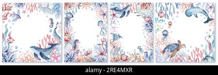 sea animals aquarium baby happy birthday poster. Blue watercolor ocean ...