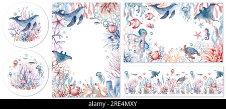 sea animals aquarium baby happy birthday poster. Blue watercolor ocean ...