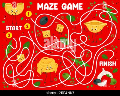 Labyrinth maze, cartoon italian pasta characters kids game worksheet ...