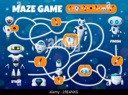 Kids board game with robots and androids, vector step boardgame with ...